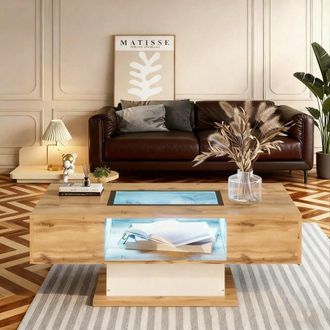 Generic Couchtisch mit LED-Beleuchtung & Glasplatte - RGB-Farbwechsel, 2 Schubladen, moderner Beistelltisch f&uuml;r Wohnzimmer