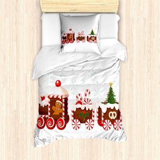 Abakuhaus Weihnachten Bettbezug Set, Lebkuchen-Zug, Milbensicher Allergiker geeignet mit Kissenbezügen, 135 cm x 200 cm - 80 x 80 cm, Weiß Braun Vermilion