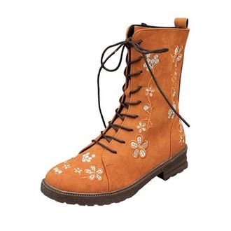 Generic Bottes &agrave; lacets pour femme - Talon bas - Style d&eacute;contract&eacute; - &Eacute;l&eacute;gantes - Bout rond - Broderie - Fermeture &eacute;clair lat&eacute;rale - Antid&eacute;rapantes - Confortab