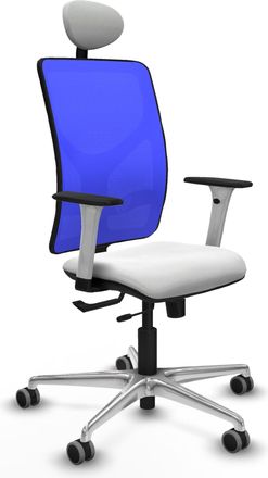 Piqueras y Crespo Arbeitsstuhl mit wei&szlig;en und schwarzen Armlehnen, h&ouml;henverstellbarer Lendenwirbelst&uuml;tze und festem Kopfteil, ausgestattet mit Syncro/Traslack. Blau/Wei