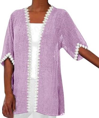 Generic Cardigan d&eacute;t&eacute; &agrave; manches 3/4 en lin pour femme - Cardigan long d&eacute;t&eacute; l&eacute;ger pour femme - Chemises blanches boh&egrave;me baggy chemises de vacances chemisiers t