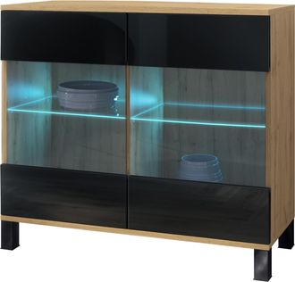 Vladon Kommode Bari V3, Moderner K&uuml;chenschrank mit 2 gro&szlig;en Glast&uuml;ren inkl. RGB Beleuchtung Eiche Evoke/Schwarz Hochglanz (92,5 x 84.5 x 35)