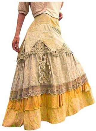 Generic Jupe longue dété 2026 à volants en dentelle style bohème pour femmes, jaune, 4XL