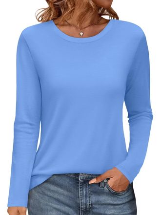 Onsoyours Damen Rundhals Tshirt Langarm Pullover Herbst Winter Oberteile Einfarbig Basic Longshirt Tops A Hellblau XXL