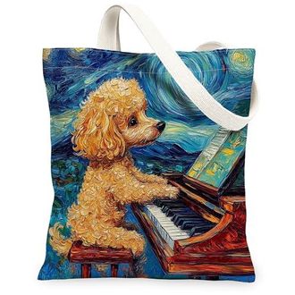Generic Sac fourre-tout en toile avec caniche pour le shopping, 33 x 38 cm, motif piano &eacute;toil&eacute;, sac d&eacute;picerie r&eacute;utilisable pour femme, animal domestique, chio