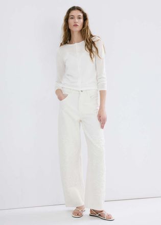 Mango Jean large avec broderie &agrave; fleurs blanc cass&eacute; - Femme - 32 - MANGO