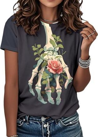 Generic T-shirts dHalloween pour femmes, squelette floral | T-shirts graphiques &agrave; manches courtes coupe r&eacute;guli&egrave;re v&ecirc;tements d&eacute;t&eacute; - pour voyage, Fleurs squelet