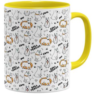 OM3 s&uuml;&szlig;e Kaffee-Tasse mit Bullterrier Tasse mit Hundemotiv Hund Bull Terrier | Keramik Becher | 11oz 325ml | Rundumdruck | Gelb