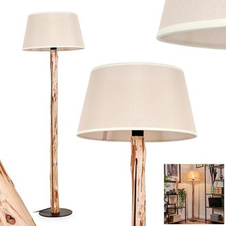 HOFSTEIN Stehleuchte Bassagoda, moderne Stehlampe aus Holz/Metall/Stoff in Natur/Schwarz/Beige, Leuchte im skandinavischen Design m. rundem Schirm (Ø 45,5cm) u