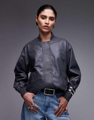 AllSaints Sofi - Bomber en cuir - Bleu graphite