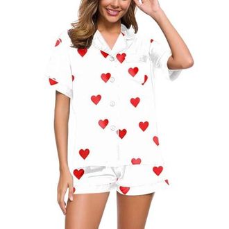 Generic 2026 Saint-Valentin Femmes Mode Imprim&eacute; Home Wear Set Loose Confortable Casual Manches Courtes Blouse Shorts Deux Pi&egrave;ces, blanc, XL