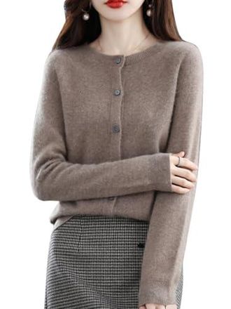 ORANDESIGNE Gilet Femme Chic et Elegant Gilet Court Col Rond Gilets Manches Longues Cardigan Laine Mi-Saison A Caf&eacute; XS