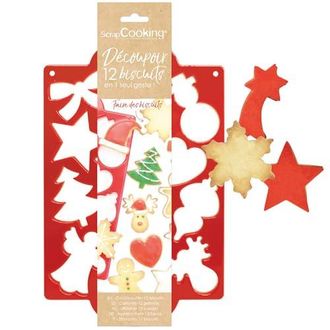 ScrapCooking Plaque D&eacute;coupoir Biscuits de No&euml;l - Avec 12 Formes Emporte-pi&egrave;ces pour Sabl&eacute;s, Biscuits, D&eacute;coration - Moule P&acirc;tisserie en Plastique - Rouge - 2070