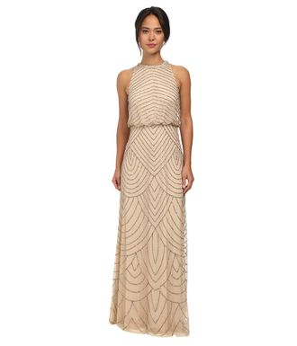 Adrianna Papell Damen Art-Deco-Neckholder-Blouson Perlen Kleid f&uuml;r besondere Anl&auml;sse, Nude, 40