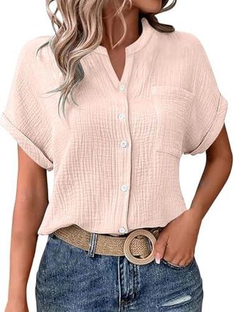 Generic Chemise boutonnée en lin pour femme - Haut décontracté à manches chauve-souris avec poche - Tissu froissé double couche pour un usage quotidien, le tr