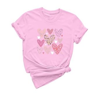 Generic T-shirt pour femme avec imprimé coeur - Manches courtes - Col rond - T-shirt basique décontracté pour la Saint-Valentin - Chemise unie grande taille p