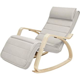 Songmics Fauteuil &agrave; Bascule avec Repose-Pieds, R&eacute;glable sur 5 Niveaux, avec Accoudoirs en Bois, pour Salon, Beige et Naturel