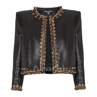 Balmain Lammfell-Jacke mit durchgehendem Verschluss und Kettenbesatz - - Jackets - Damen - Schwarzk - L