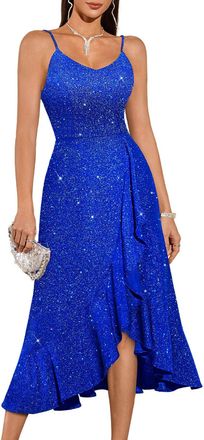 Dresstells Cocktailkleid Damen Glitzer Festlich Hochtief Kleid f&uuml;r Hochzeitsg&auml;ste Knielang Weihnachtsfeier Kleider Winter Elegantes Partykleid Royalblue M