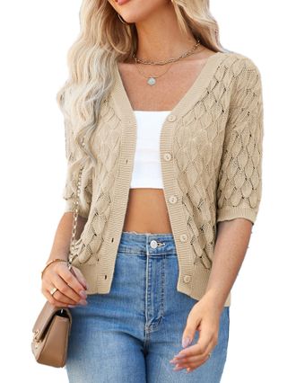 Grace Karin Apricot Urlaub Damen Knopf Kurz Strickjacke Casual Frühling Sommer Haus Strickjacke Aprikose S