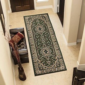 Tapiso Tapis De Couloir Classique - Couleur Vert Beige Motif Chic Bordure D&eacute;corative - Collection Atlas 100 x 250 cm