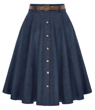 Belle Poque Damen Cord Röcke Hohe Taille A-Linie Swing Rock mit Gürtel&Taschen Marineblau 2XL