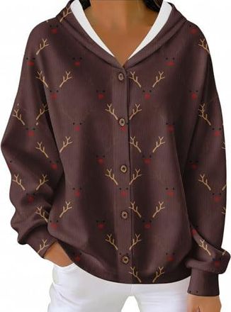 Generic Cardigan de Noël à capuche boutonné pour femme - Haut de Noël amusant - Imprimé de Noël - Veste à capuche surdimensionnée - Vêtements de sport - Costu