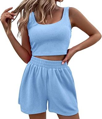 Generic Survêtement Femmes Casual Ensemble 2 pièces Suit Ample sans Manches Été Débardeur Crop Top + Short De Jogging Décontracté Sportswear Ensemble Gym Outf