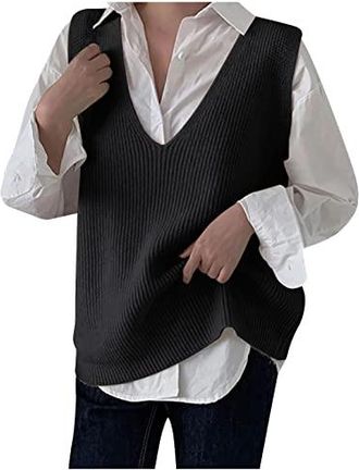 Generic Pull d&eacute;contract&eacute; sans manches avec col en V et maille c&ocirc;tel&eacute;e pour femme, Noir, Taille unique