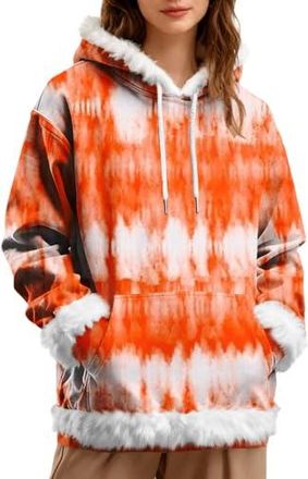 Generic Sweat à capuche imprimé 3D en fausse fourrure avec poche pour femme, pull à manches longues en polaire chaud en peluche surdimensionné pour femme, pul