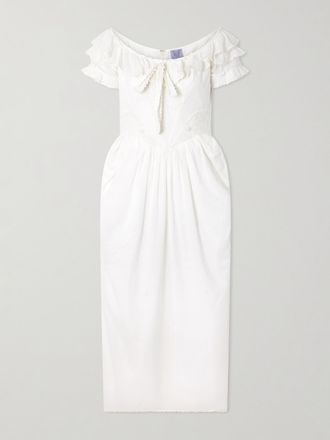 Thierry Colson Falbala Schulterfreies Midikleid Aus Baumwoll-voile Mit Schleife, Volants, Raffungen Und Stickereien - Wei&szlig;