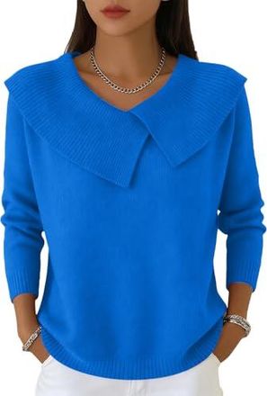 Generic Pull &agrave; col en V pour femme en cachemire &agrave; manches longues et col en tricot c&ocirc;tel&eacute; pour lautomne et lhiver, bleu marine, XXL