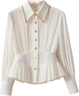 Generic Chemise blanche pliss&eacute;e &agrave; revers pour femme - Temp&eacute;rament - Taille polyvalente - Chemises d&eacute;contract&eacute;es, blanc, XL