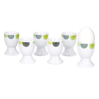 Van Well | 6er Set Eierbecher Rondo rund | Becher &Oslash; 5 cm | hoher Eier-St&auml;nder | Egg Cup | abstrakte Retro-Kreise gr&uuml;n-gelb | edles Porzellan-Geschirr