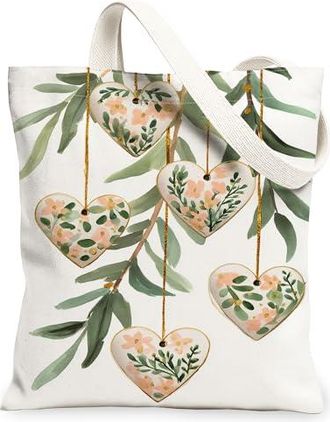 Generic Sacs fourre-tout en toile motif floral en forme de coeur, sacs &agrave; provisions r&eacute;utilisables au design botanique &eacute;l&eacute;gant, sacs &agrave; provisions printemps-&eacute;t&eacute;