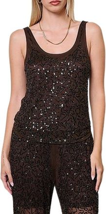 Kaos Kaos, Femme, Tops, Brun, Taille: 36 FR Top sans manches en tulle avec encolure en U, broderie de sequins et ourlet arrondi