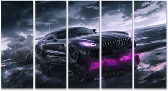 Islandburner Bild auf Leinwand Mercedes im Gewitter mit lila Neonlicht f&uuml;r Wohnzimmer Auto-Enthusiasten Autohaus Bilder Wandbilder Poster