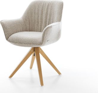 DELIFE Drehstuhl Keila-Flex mit Armlehnen Webstoff Soft Beige Holzgestell kantig Natur 180&deg; drehbar, Esszimmerst&uuml;hle