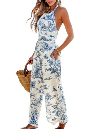 Cupshe Damen Jumpsuit Neckholder Ärmellos Overall Rückenfrei Toile-Druck Loses Bein Sommer Strand Playsuit mit Taschen
