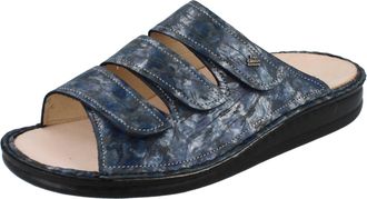 Finn Comfort Korfu Damen Pantolette blau bedrucktes Nubukleder (EU Schuhgr&ouml;&szlig;ensystem, Erwachsene, Damen, Numerisch, Breit, 41)
