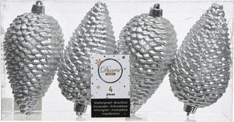 Kaemingk Christbaumschmuck Zapfen Kunststoff 12cm x 4 St&uuml;ck Weihnachtskugeln Christbaumkugeln - Silber