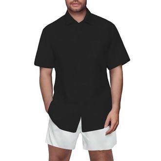 Generic T-shirt en lin blanc pour homme - Chemise en lin &agrave; manches courtes - Chemise en coton boutonn&eacute;e - Coupe ajust&eacute;e - Pour homme, Noir, 4XL