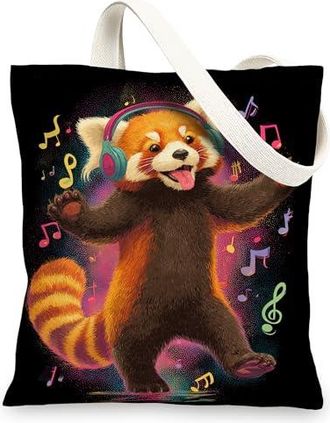 Generic Sacs fourre-tout en toile motif panda rouge, adorable sac à provisions réutilisable, amusant, ludique, léger, lavable, taille S, noir, 13x15 Inch