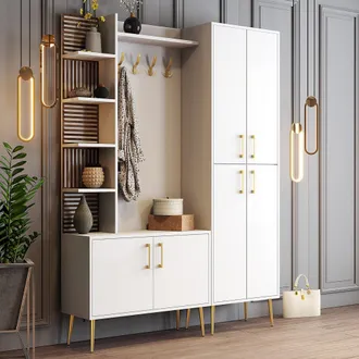 Dmora Mobile Da Ingresso Paludi, Appendiabiti, 13 Ripiani, Apertura Battente, 150x35x202h Cm Bianco