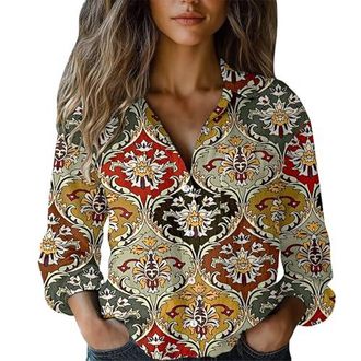 Generico Chemise Femme d&Eacute;t&eacute; Curvy &agrave; Manches Longues Chemises Coton Et Lin D&eacute;contract&eacute; Grande Taille T Shirt Col en V Mode Chemisier Vintage Fantaisie avec Bout