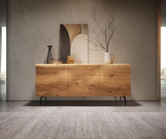 DELIFE Sideboard New Live-Edge 145 cm Eiche Natur 3 T&uuml;ren Winkelfu&szlig; Metall Schwarz, Sideboards, Baumkantenm&ouml;bel, Massivholzm&ouml;bel, Massivholz