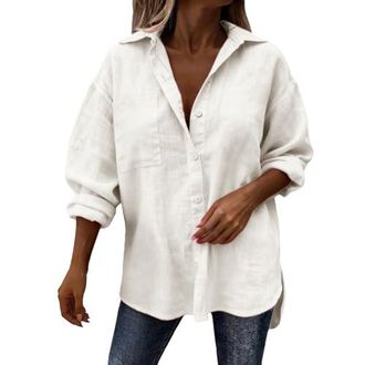 Generic Chemise boutonn&eacute;e en lin pour femme - Chemisiers &agrave; manches longues 3 boutons en coton avec col et poche fentes lat&eacute;rales, chemises l&eacute;g&egrave;res, coupe d&eacute;co