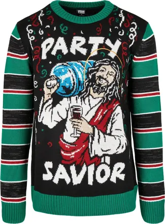 Urban Classics Savior Sweatshirt f&uuml;r Herren - weihnachtliches Design (Schwarz/Gr&uuml;n)