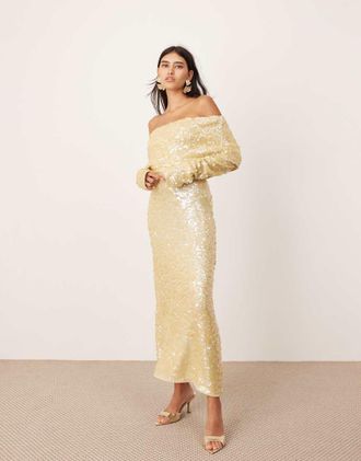 Asos Robe longue en maille à sequins avec encolure Bardot - Crème-Blanc
