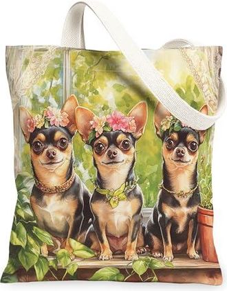 Generic Sac fourre-tout en toile motif chihuahua printanier 33 x 38,1 cm, sac r&eacute;utilisable &agrave; motif imprim&eacute; de plantes en pot pour femme, animal de compagnie, 